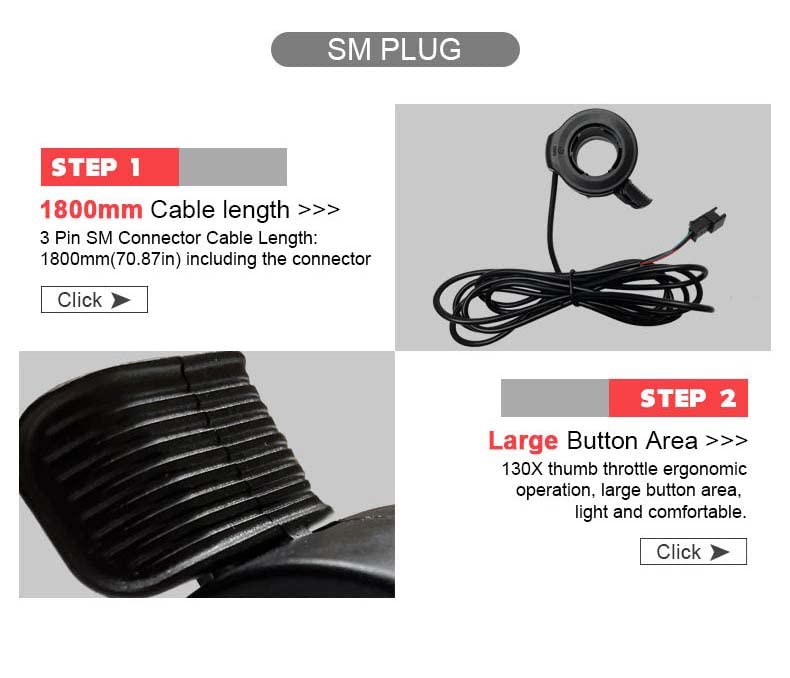 SCHUCK Ebike 130X 3 Pin SM Connector 22.2 mm Handlebar Tube Black Thumb Throttle 12V-72V Common to Left and Right Handlebar Control Speed for Electric Bicycle Accessories/Parts