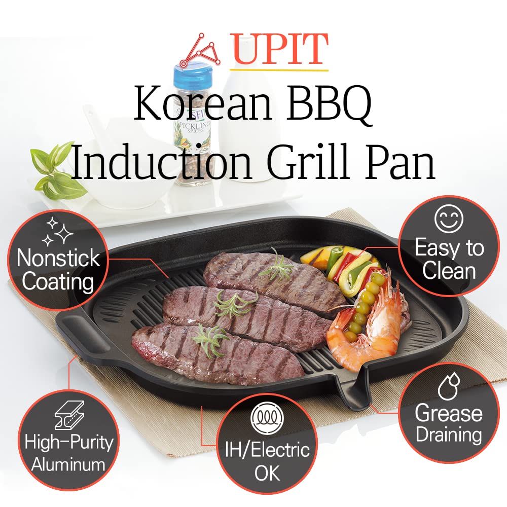 UPIT Korean BBQ Grill Pan - Induction Stovetop Compatible Aluminum Nonstick Indoor Skillet Portable Plate with Grease Draining Spout, 13-inch