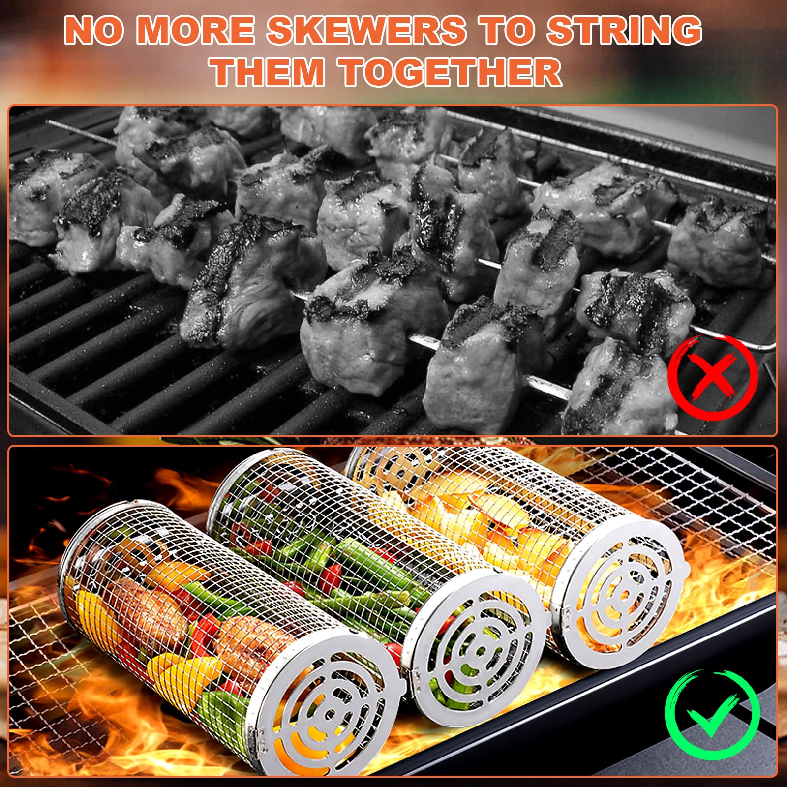 Rolling Grilling Baskets Outdoor Accessories Stainless Steel Cylinder Tubes Vegetable Cage Veggie Grill Bbq Basket Nets Veggies Barbecue Round Net Cylinders Barbeque Kabob Fish Meat Gear Gift (2pcs)