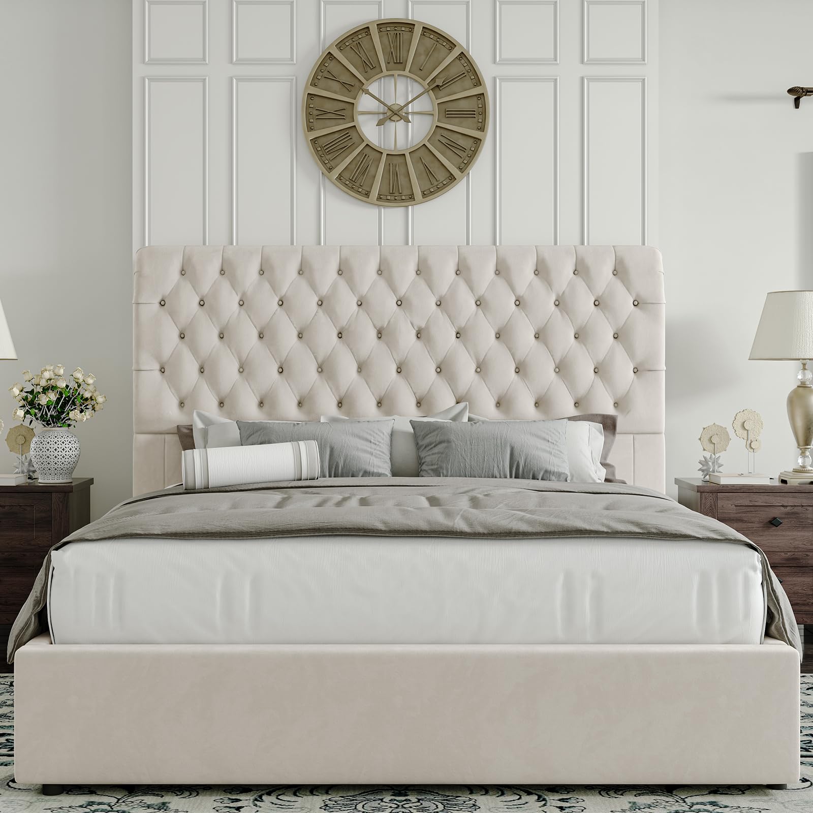 PaPaJet Lift Up Storage Bed King Size Bed Frame with Headboard Upholsterd Sleigh Bed Storage Underneath/No Box Spring Needed/Easy Assembly/Cream