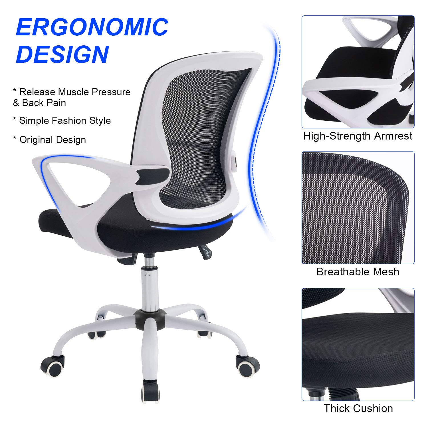 QY Office Chair Ergonomic Desk Chair with Arms & Adjustable Height Modern Mid Back Swivel Home Chair for Small Place, White