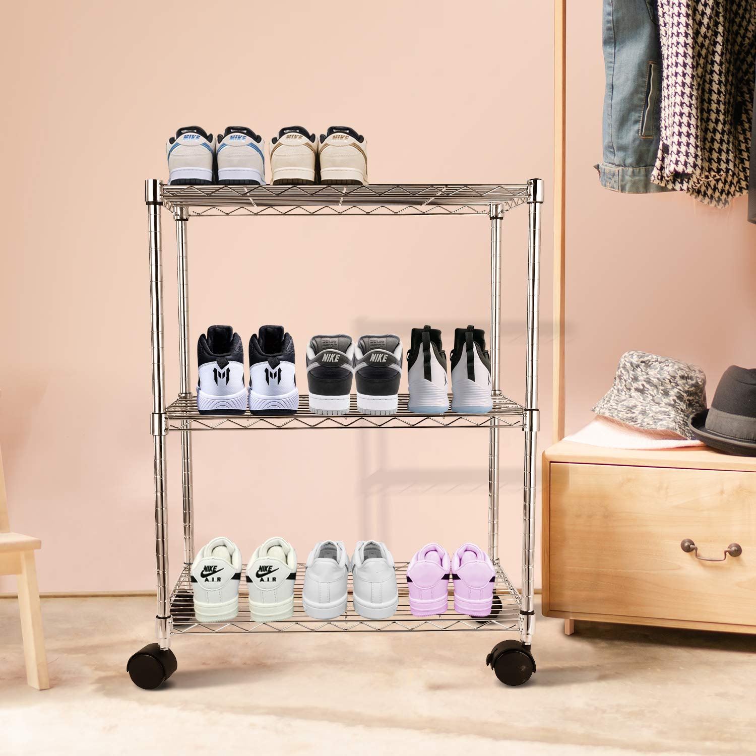 YSSOA Heavy Duty 3-Shelf Shelving with Wheels, Adjustable Storage Units 750Lb Capacity, Steel Organizer Wire Rack, 24.02โL x 13.78" W x 30โH, Chrome