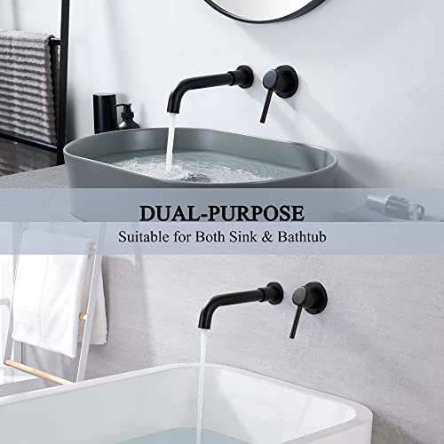 YardMonet Wall Mount Bathroom Faucet Matte Black, Single Handle Wall Mounted Bathroom Sink Faucet, 360° Swivel Solid Brass Long Spout, Rough-in Valve Included