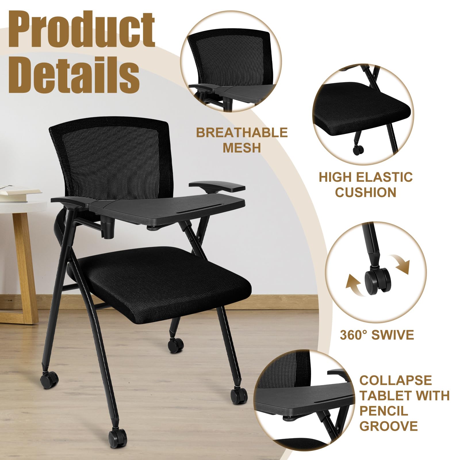 Sintuff Tablet Arm Folding Chair with Caster Wheels Chair with Desk Attached Collapsible Conference Room Chair Mesh Back Foldable for Guest Office School Classroom Training Waiting Room (Black, 2 Pcs)