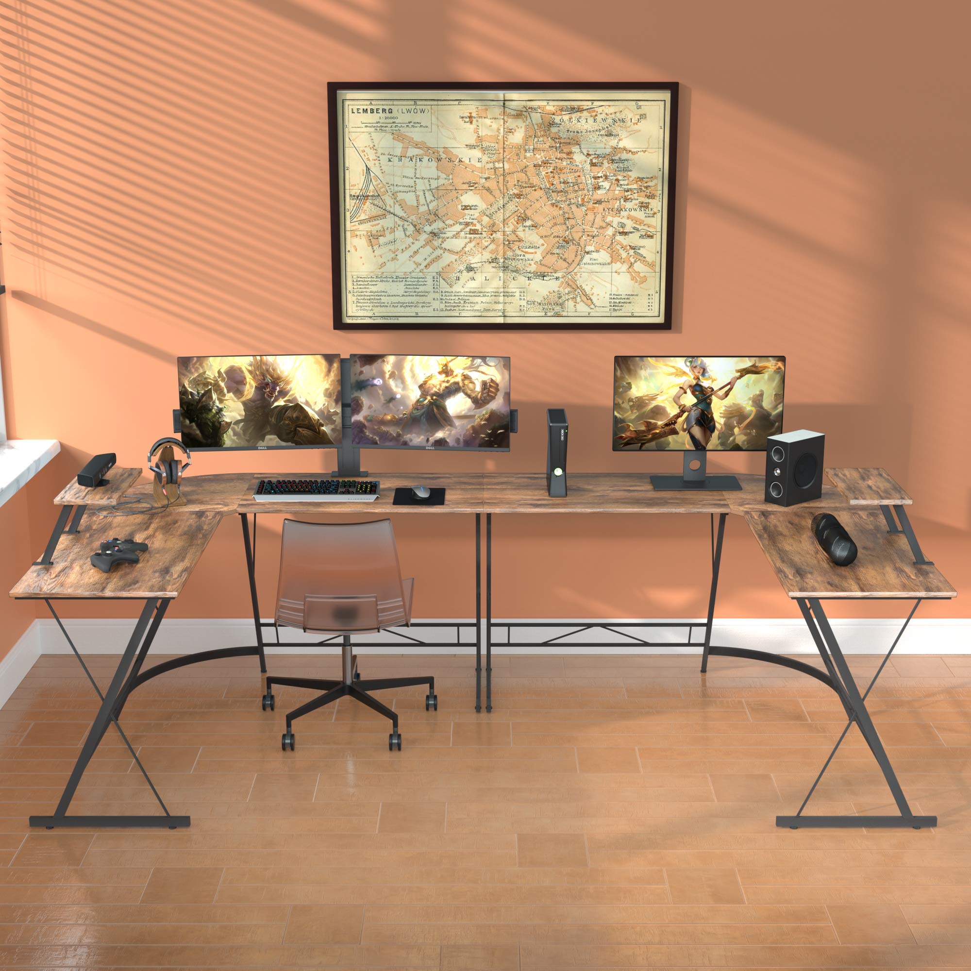 OTK L Shaped Desk with Round Corner, 51" L Shaped Gaming Desk, Corner Computer Desk Table with Large Monitor Stand for Home Office, Sturdy Writing Workstation, Relic