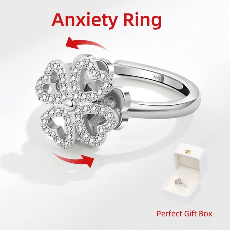 YJZON Anxiety Ring for Women,925 Sterling Silver Adjustable Ring,Fidget Rings Four-leaf Clover Spinner Ring with Jewelry Gift Box