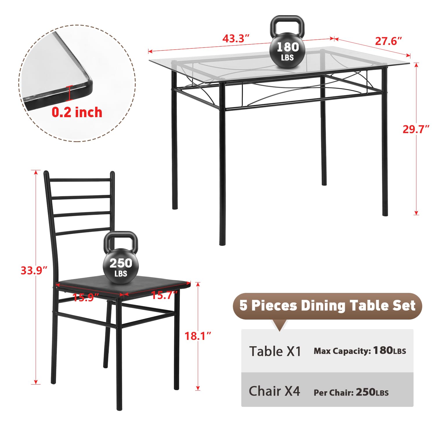 PayLessHere Dining Room Set 5-Piece Classic Dining Table Set for 4, Glass Top Table and 4 Rectangular Modern Chairs with Metal Legs for Dining Room and Kitchen