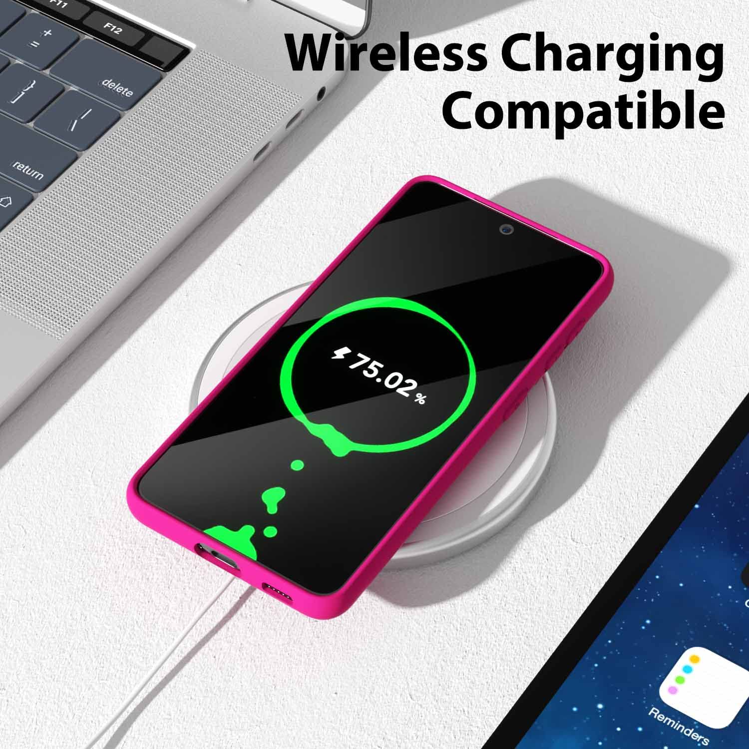 oakxco for Samsung Galaxy S21 Phone Case Liquid Silicone, Fluorescent Bright Solid Color, Cute Thin Slim Soft Rubber TPU Plain Smooth Gel Matte Protective Cover for Women Girl, Fuchsia Hot Pink