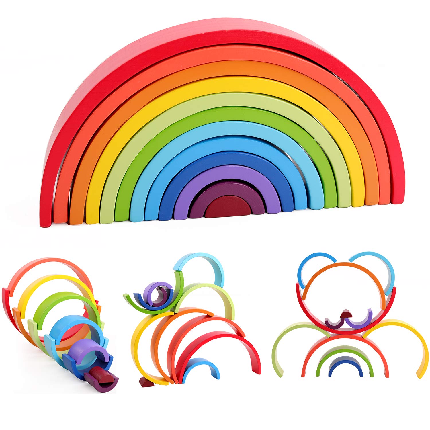QZMTOY Wooden Rainbow Stacker, Extra Large 12 Pcs Stacking Game, Nesting Puzzles Building Blocks Educational Toys, Shape Matching Learning Toy Set, Early Development Gift for Toddler Kids