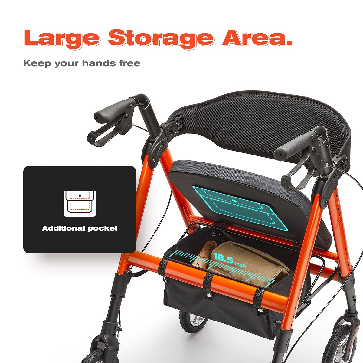 OasisSpace Pneumatic Tires Rollator Walker for Seniors - Heavy Duty Rollator Walker with Seat & Large Padded Backrest, All Terrain Rolling Walker 450lbs Height Adjustable