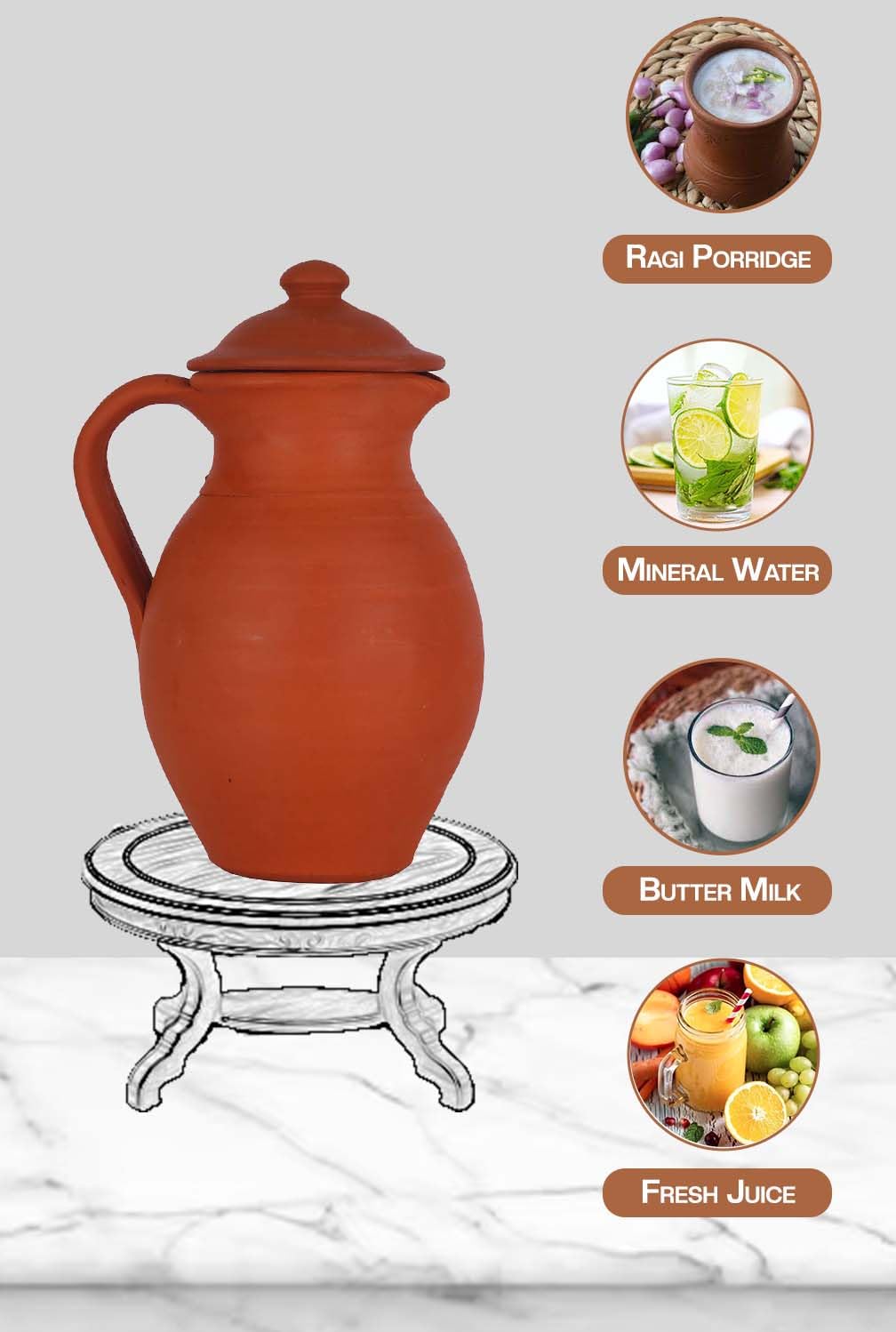 Village Decor Handmade Earthen Clay Water Jug with Lid | Carafes Pitcher | Capacity 51 oz 1500 ml