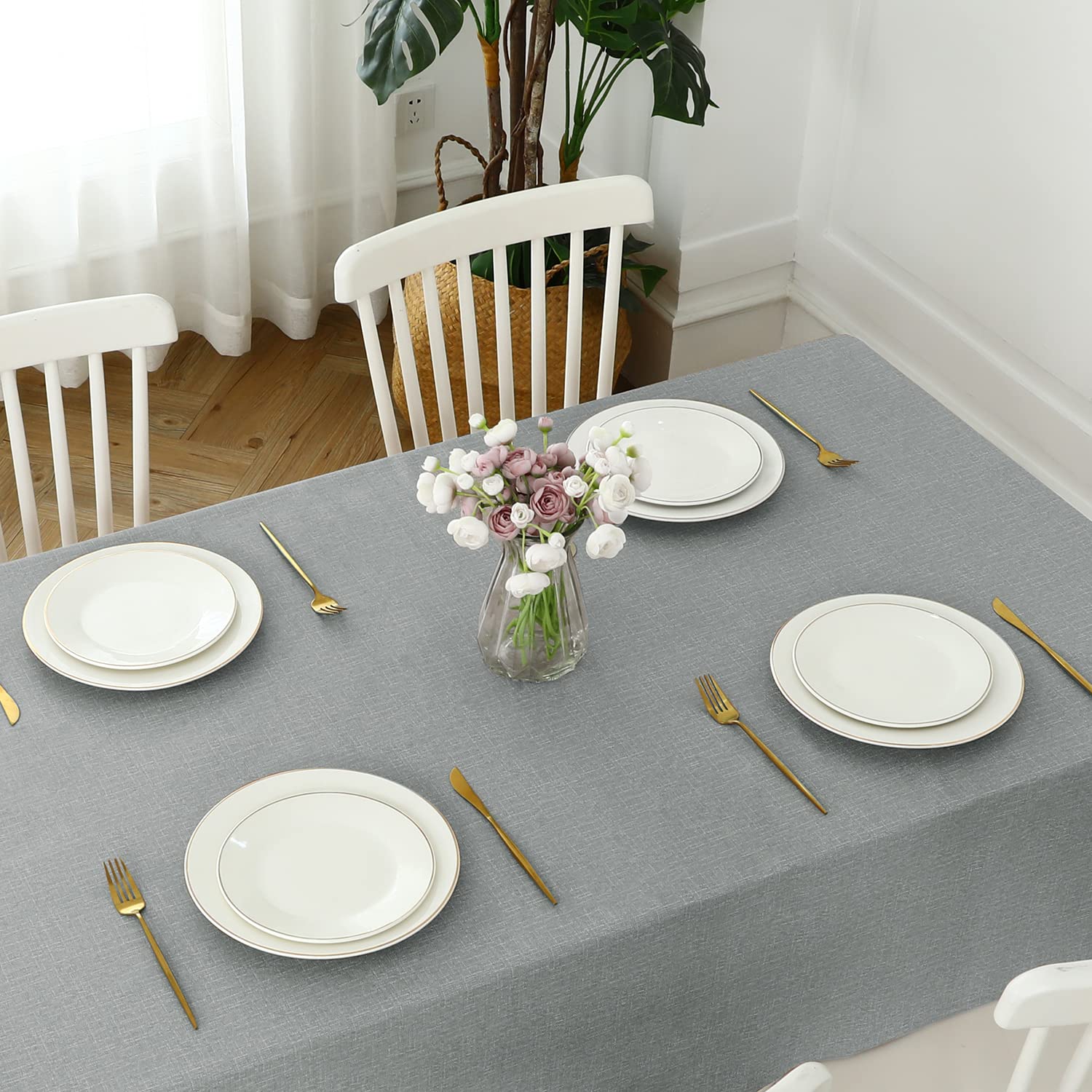 Romanstile 100% Waterproof PVC Tablecloth, Rectangle Oil Spill Proof Stain Resistant Vinyl Table Cloth, Wipe Clean Plastic Table Covers for Kitchen/Dining/Parties - 54 x 78 Inch, Light Grey