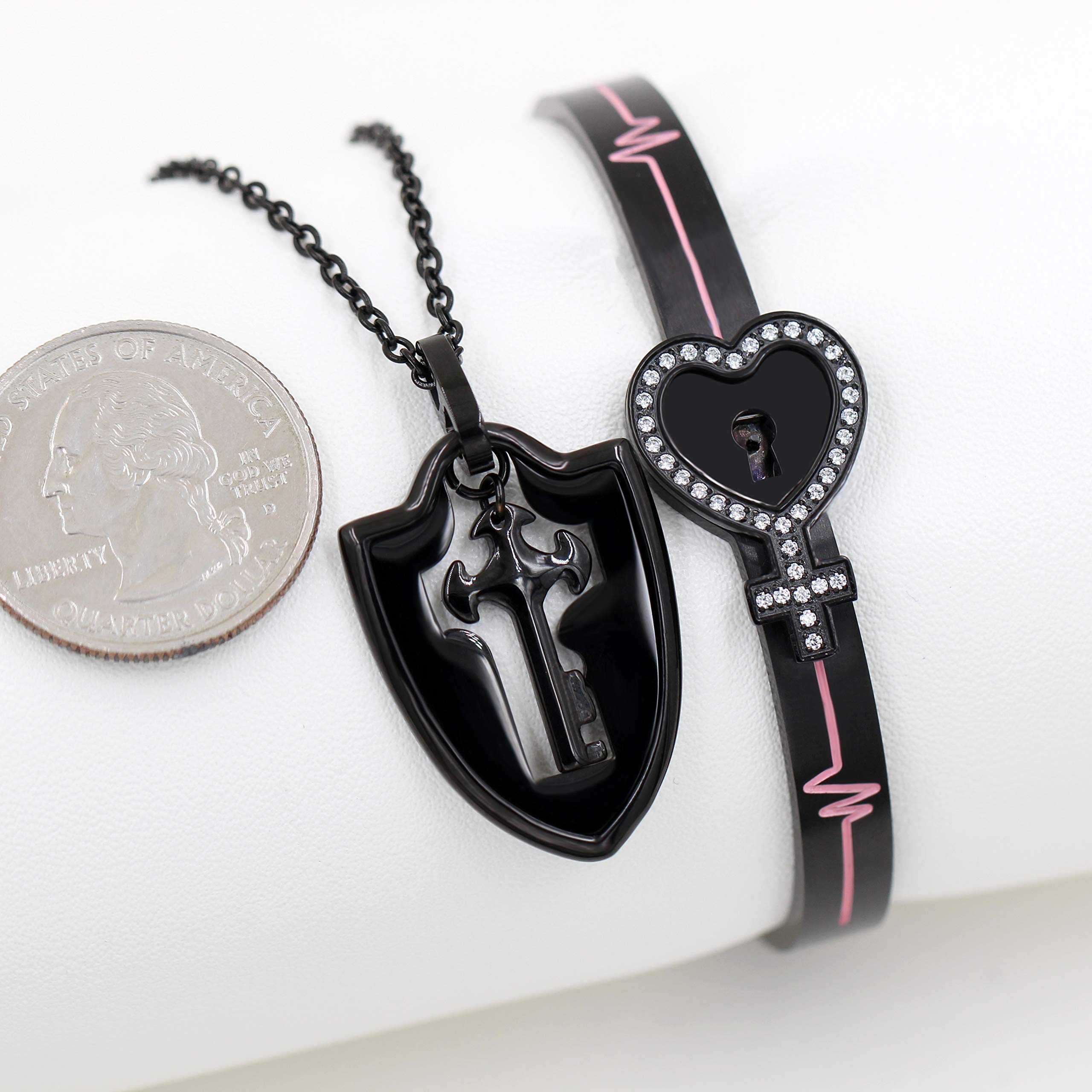 Stainless Black Heart Lock Bangle Heartbeat Line CZ Pave Cross Cuff Bracelet with Shield Key Pendant Necklace Couples Set (Heart, Black)