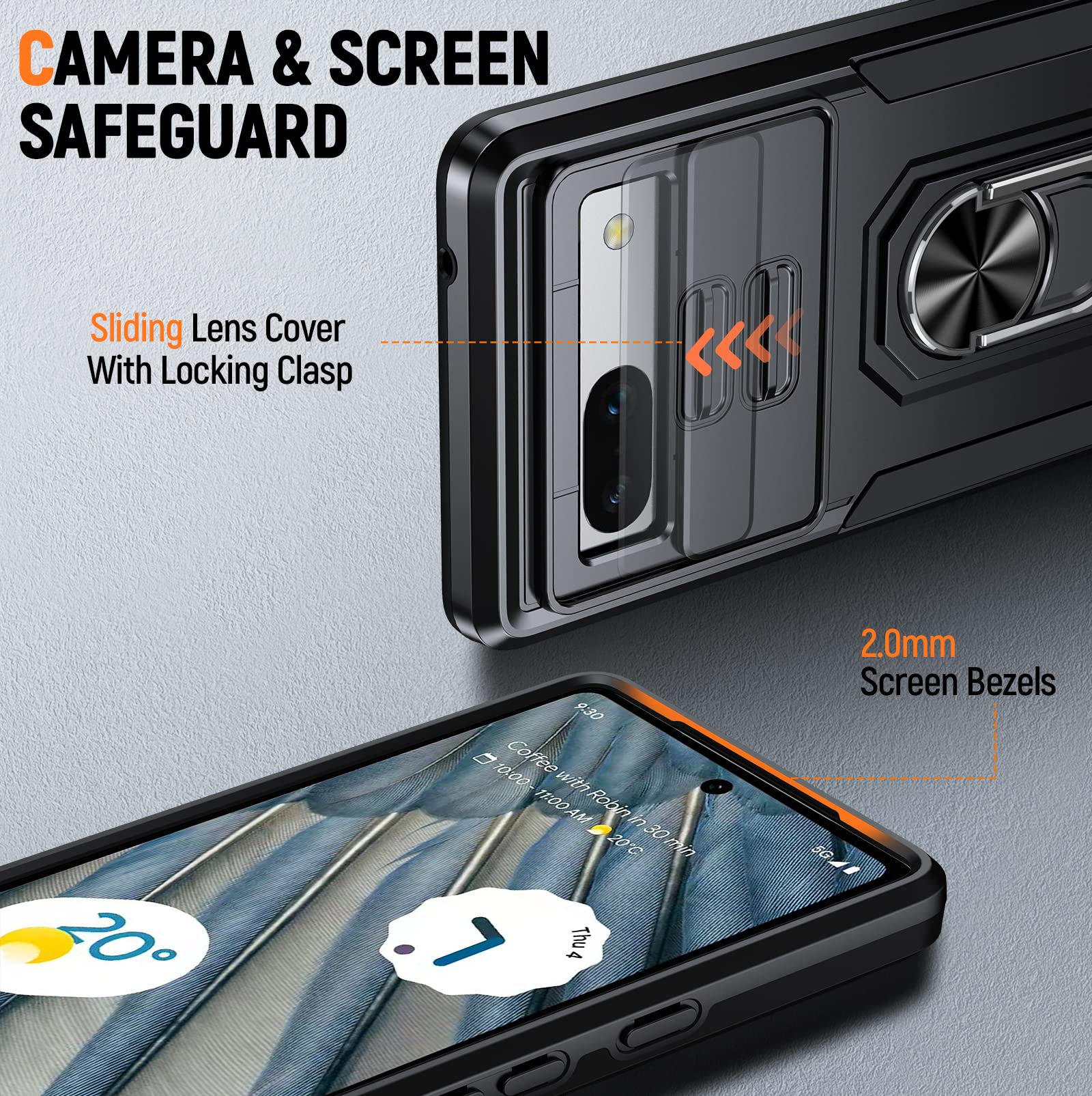 Oneagle for Google Pixel 7a Case with Screen Protector(2Pcs), Pixel 7a Phone Case with [Slide Camera Lens Cover]+[360° Rotatable Metal Kickstand] Military Grade Shockproof Case for Pixel 7A 6.1"