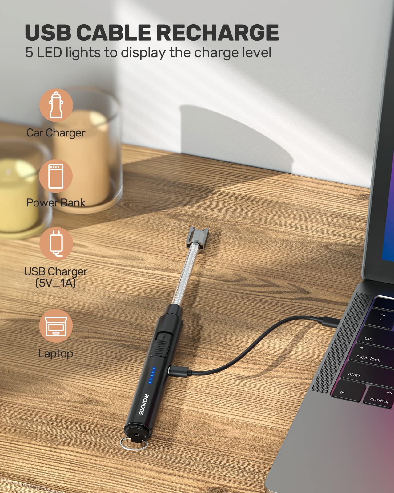 RONXS Lighter Electric Lighter, Candle Lighters USB Rechargeable Arc Lighter with Hanging Hook, LED Battery Display Long Lighters for Candle Grill BBQ Home Outdoor