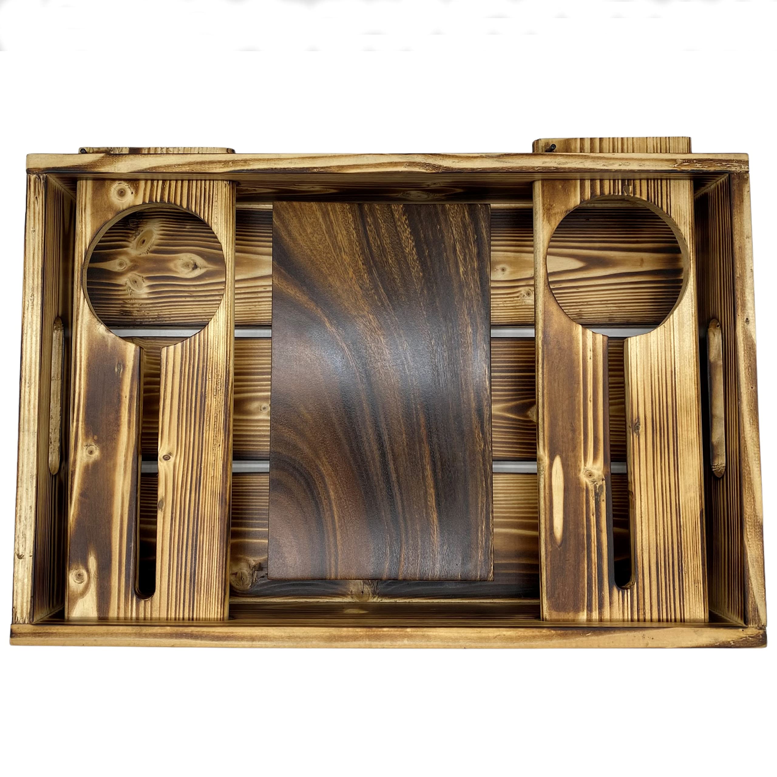 Wine Tray, Dual Glass Rack, Bottle Holder, Cut-Out Handle, with Mini Charcuterie Board, for Wine Tastings, Parties, Bars. Rustic, Handmade of Eco-Friendly Reclaimed Torched Pine Wood