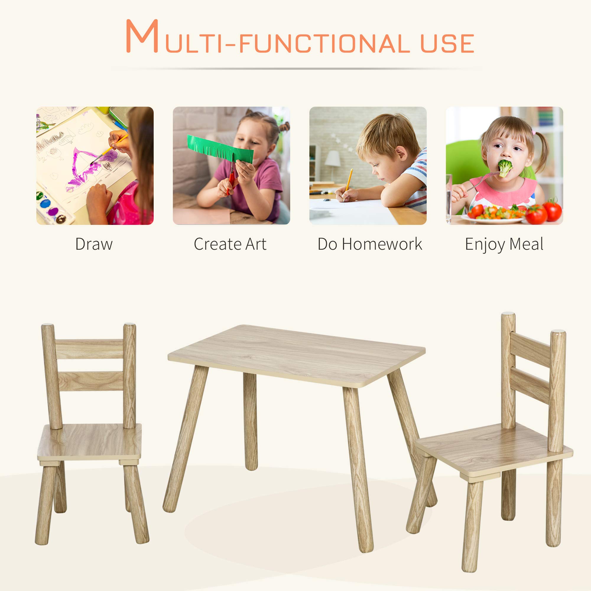 Qaba Kids Wooden Table and Chair Set, Play Activity Table for Arts, Crafts, Dinning, and Reading for Toddlers Age 2 to 5, Natural Wood