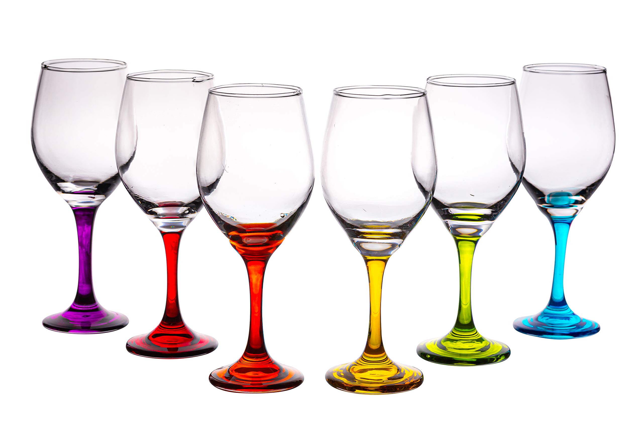 Trinkware Colored Stem Wine Glasses Set of 6 - Multi Yellow, Orange, Purple, Blue, Red, Green - Fun Party Wine Goblets -11oz