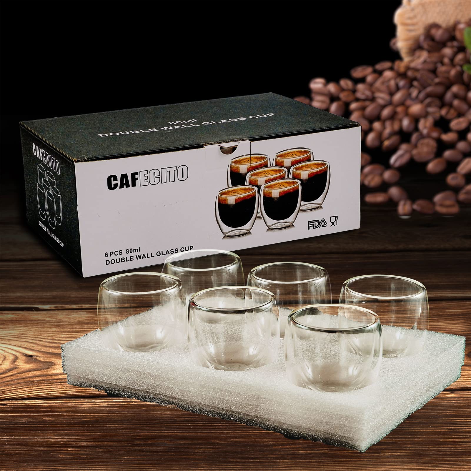 WOAIERNV 2.7 Ounce Espresso Cups,Set of 6,Double Walled Insulated Espresso Glasses,Handmade Borosilicate Glassware Coffee Cup,Perfect for Cold or Hot Drinks