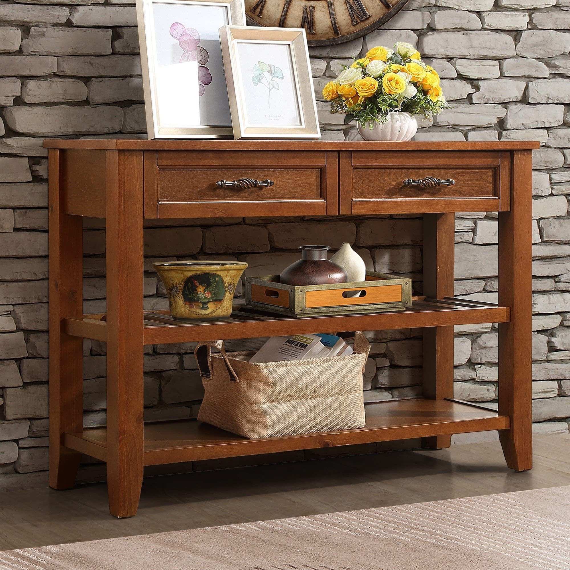 P PURLOVE Sofa Table Retro Style Console Table for Entryway with 2 Drawers and Shelf Living Room Furniture (Antique Blue)