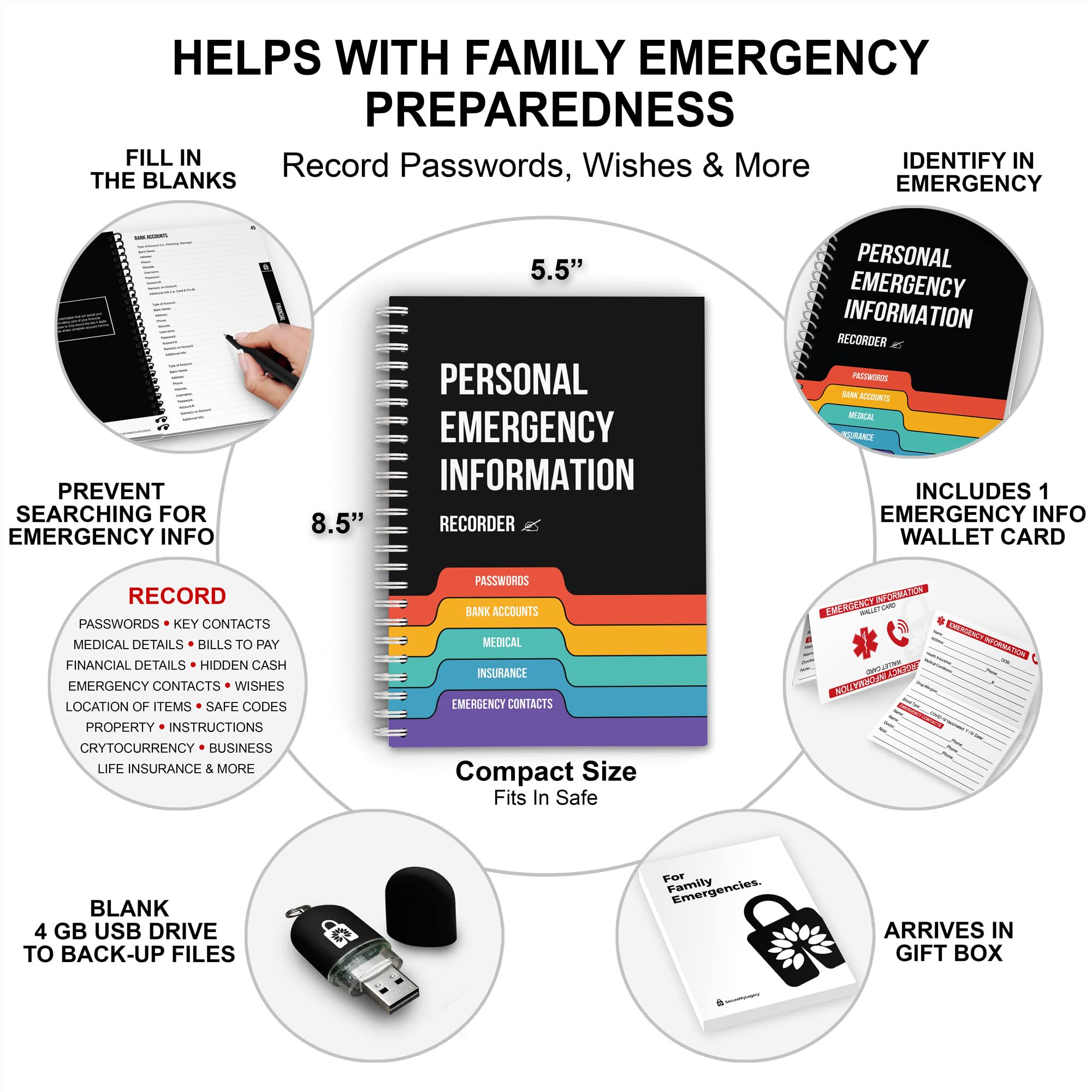 Personal Emergency Information Recorder Notebook Plus a Blank 4 GB USB Flash Drive - Record Passwords, Emergency Contacts, Medical, Financial, Insurance, End of Life Plan and Store Digital Files