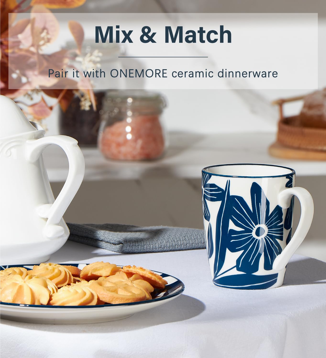 ONEMORE Ceramic Coffee Mugs Set of 6, 12oz - Microwavable Coffee Cups for Tea, Latte - Japanese Style, Scratch Resistant - Vintage Blue