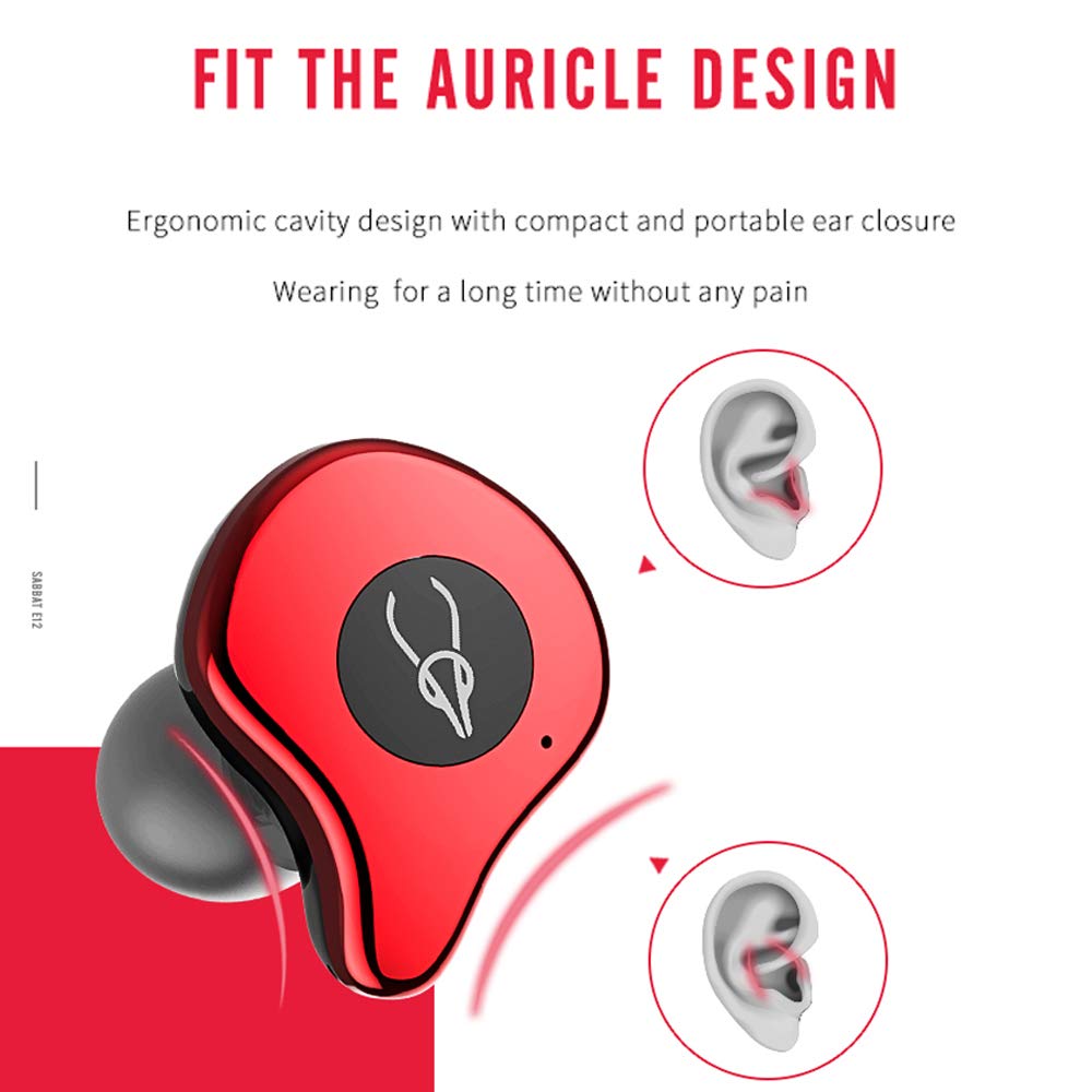 Sabbat True Wireless Earbuds, E12 Ultra Bluetooth 5.0 Headphones with Charging Case, Noise Cancelling Built in Mic TWS HiFi Bass Stereo in Ear 30 Hours Playtime Earphones for Android iPhone (Red)