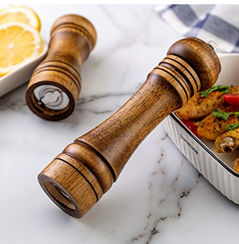 Wood Pepper Grinder Pepper Mill,Adjustable Coarseness Wooden Peppermill, Ceramic Grinding Mechanism Salt Mill Refillable - 8 inch