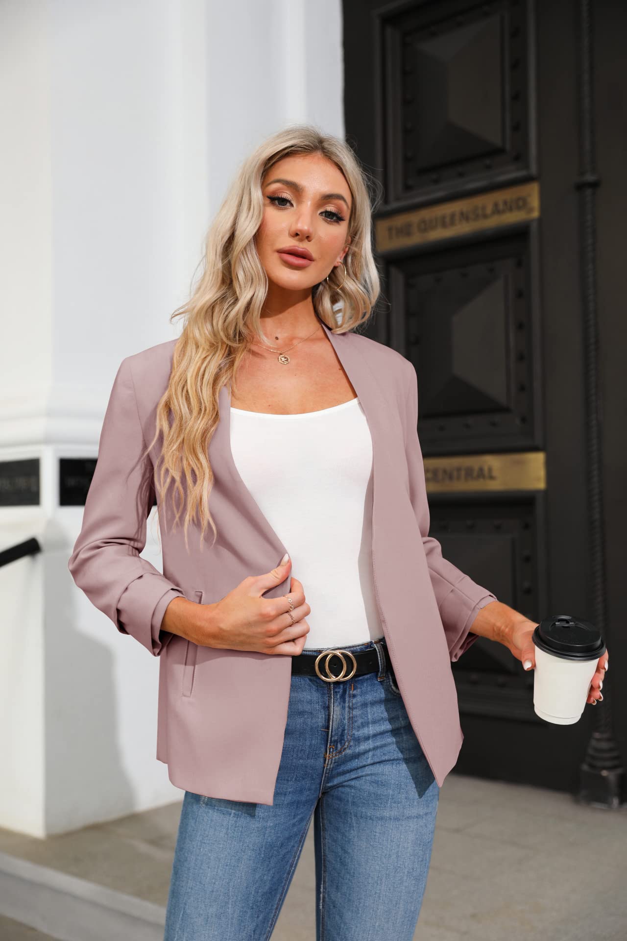 Ofenbuy Womens Casual Blazer Ruched 3/4 Sleeve Open Front Relax Fit Office Lightweight Cardigan Jacket Blazers (Medium, Pink)
