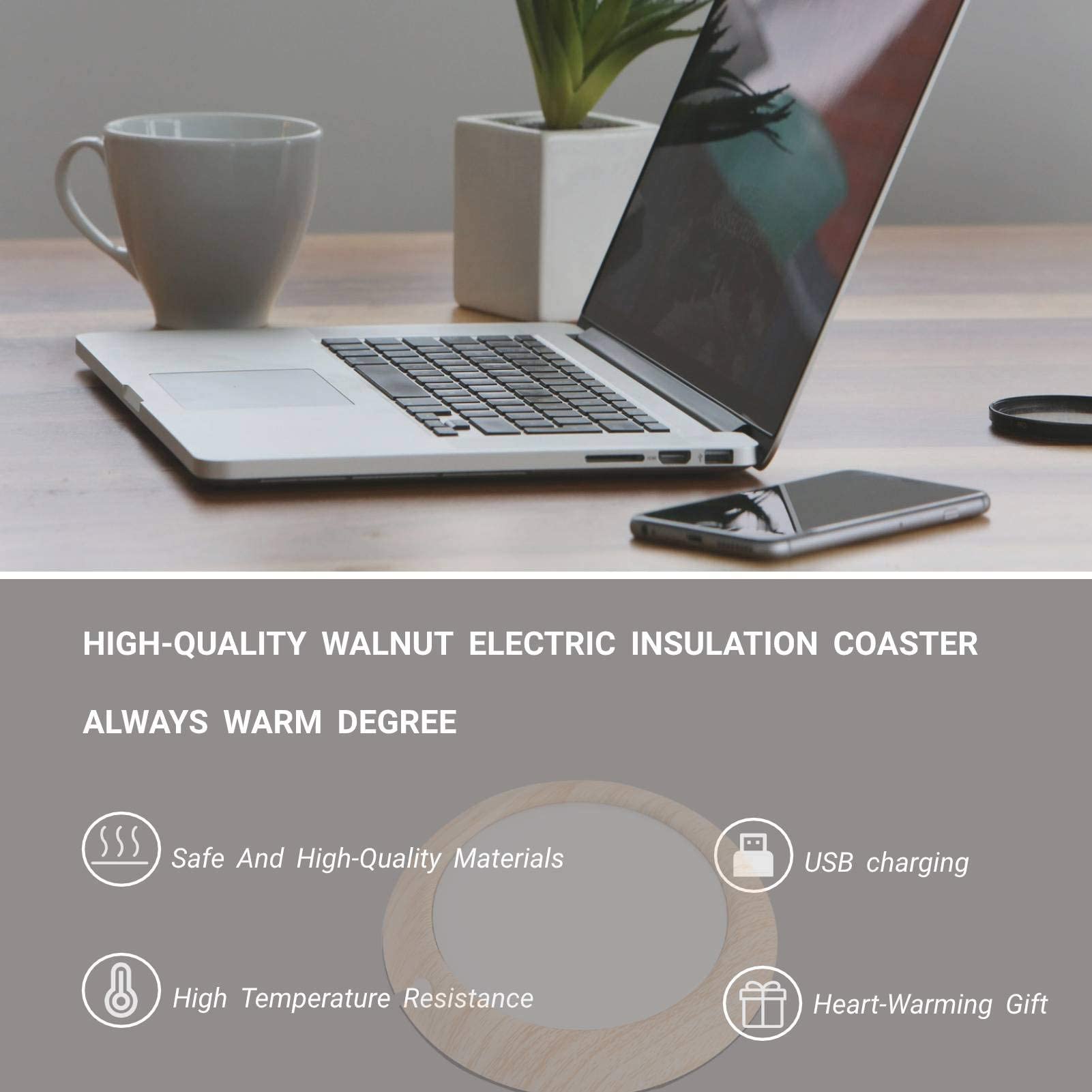 Wood Grain Electric Portable Cup Warmer Plate & Coffee Warmer & Mug Warmer with USB Cable for Office/Home/Travel Use, Suitable for Stainless Steel Cup, Ceramic Cup, Glass Cup, etc(Light Wood Grain)