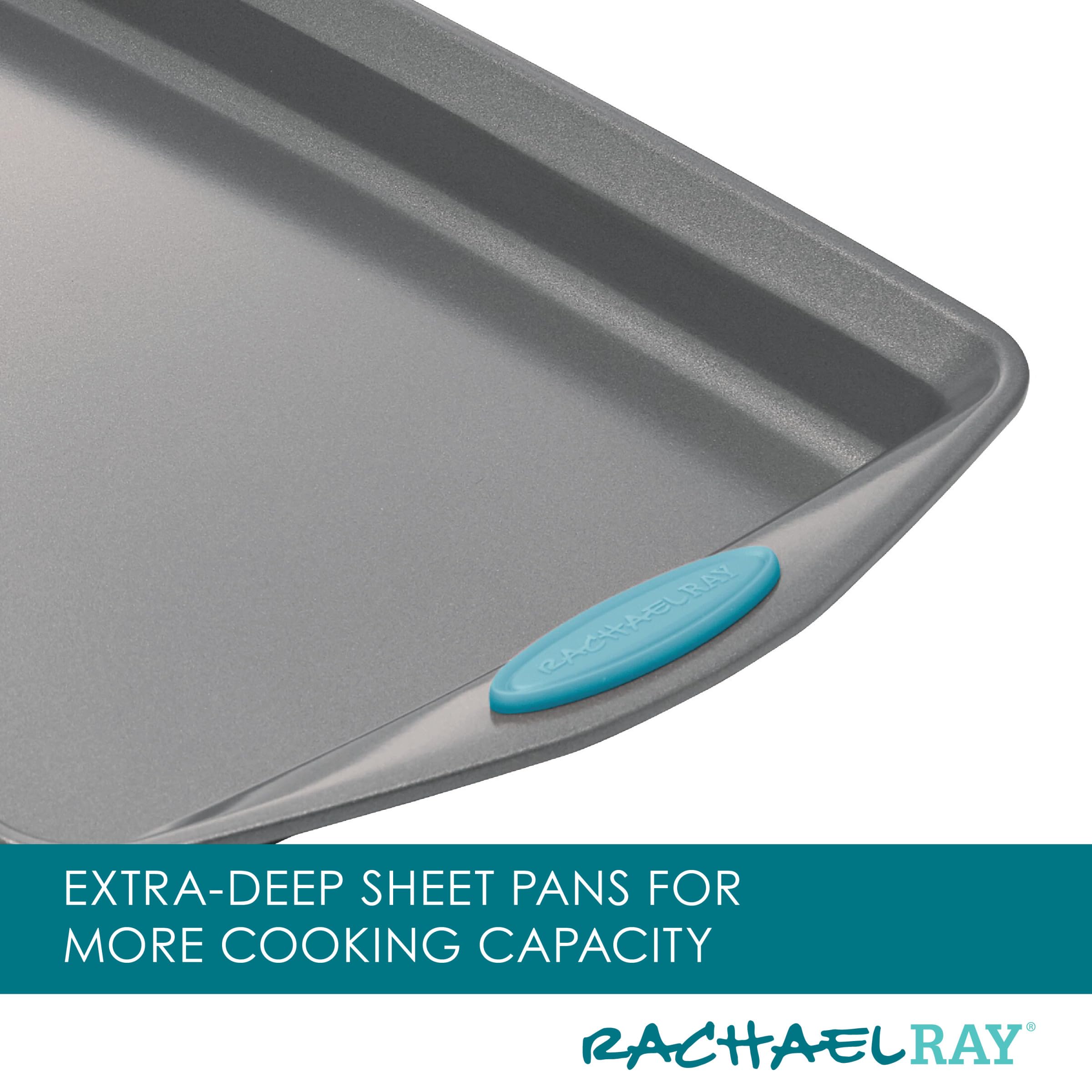Rachael Ray Bakeware Nonstick Cookie Pan Set, 3-Piece, Gray with Agave Blue Grips
