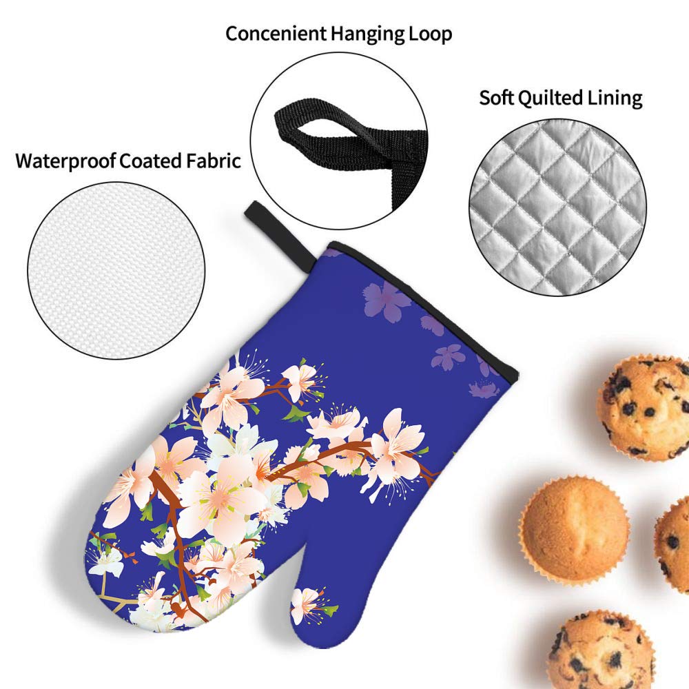 Swono White Floral Oven Mitts and Pot Holders Sets,Peach Tree with Flower in The Blue Background Kitchen Cooking Gloves Heat Resistant Baking for BBQ Grilling