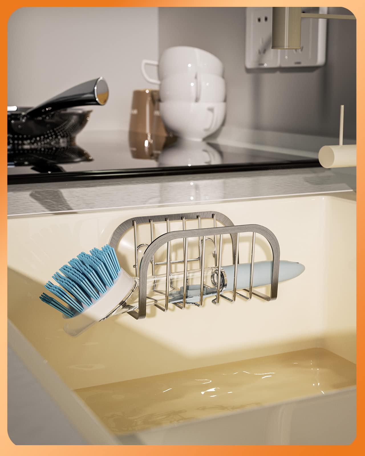 SWTYMIKI Sponge Holder for Kitchen Sink, Movable Sink Sponge Holder with Suction Cups Stainless Steel Sink Caddy Suction Cup for Sponge & Brush, Silver