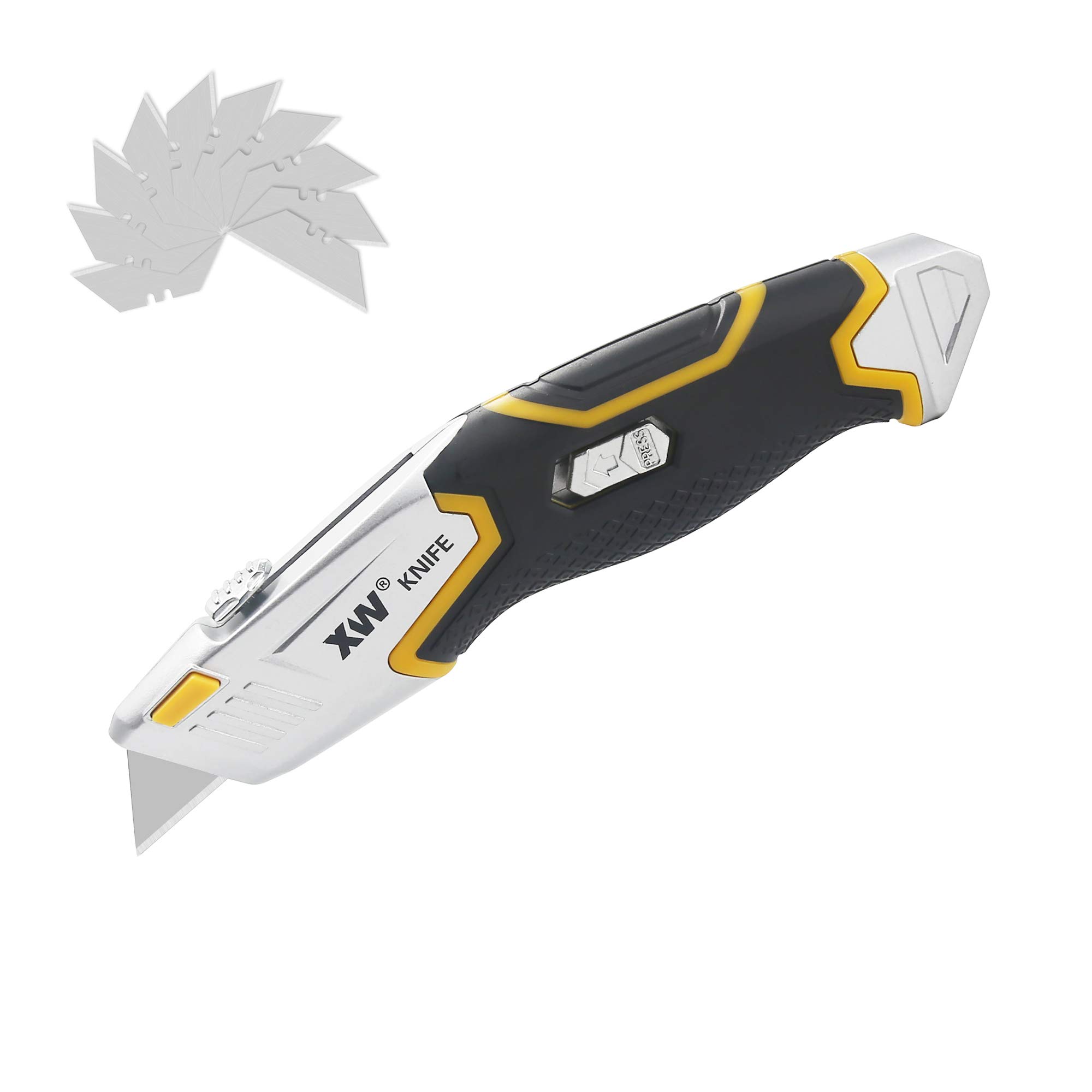 XW Auto Loading Utility Knife, 3-Position Retractable Box Cutter with 5 Pre-loaded Blades, Bonus 10 Blades Included