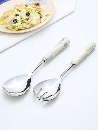 YoTreasure Tiramisu Resin & Stainless Steel Ivory Salad Server Spoon and Fork Set Cooking Utensils for Kitchen