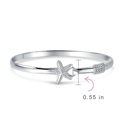 Nautical Starfish Tropical Beach Bangle Bracelet For Women Polished .925 Sterling Silver Eye Hook Clasp