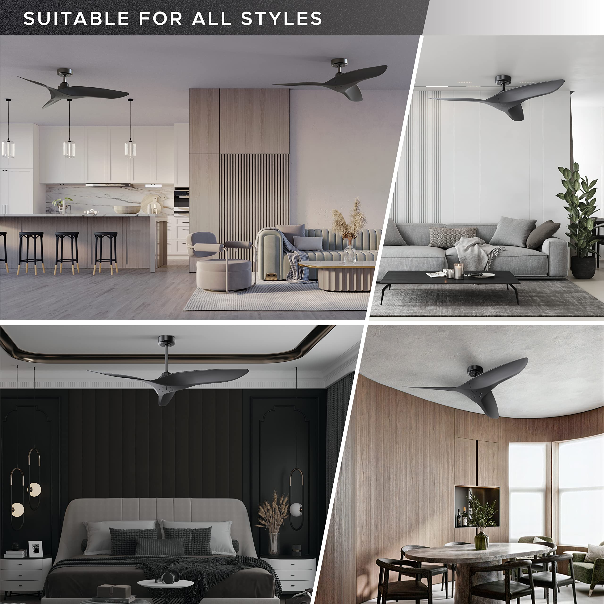 Parrot Uncle Ceiling Fans with Remote Control Modern Black Ceiling Fans No Light for Bedroom Outdoor Ceiling Fans for Patios Covered, 56 Inch