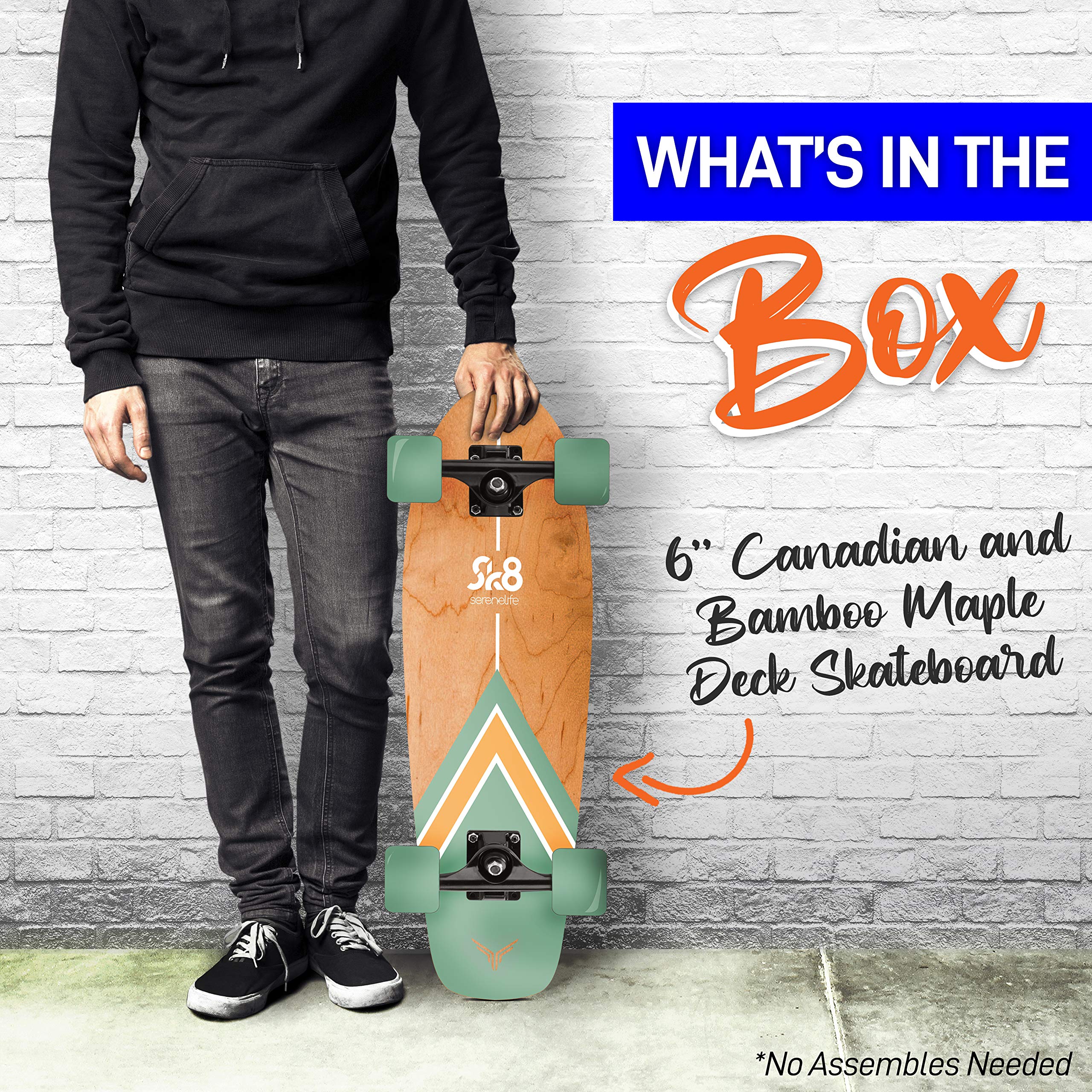 SereneLife Complete Standard Skateboard Mini Cruiser - 6 Ply Canadian & Bamboo Maple Deck Complete Double Kick Skate Board W/ 5" Aluminum Trucks - for Kids, Teens, Adults - SereneLife SL5SBGR (Aqua)