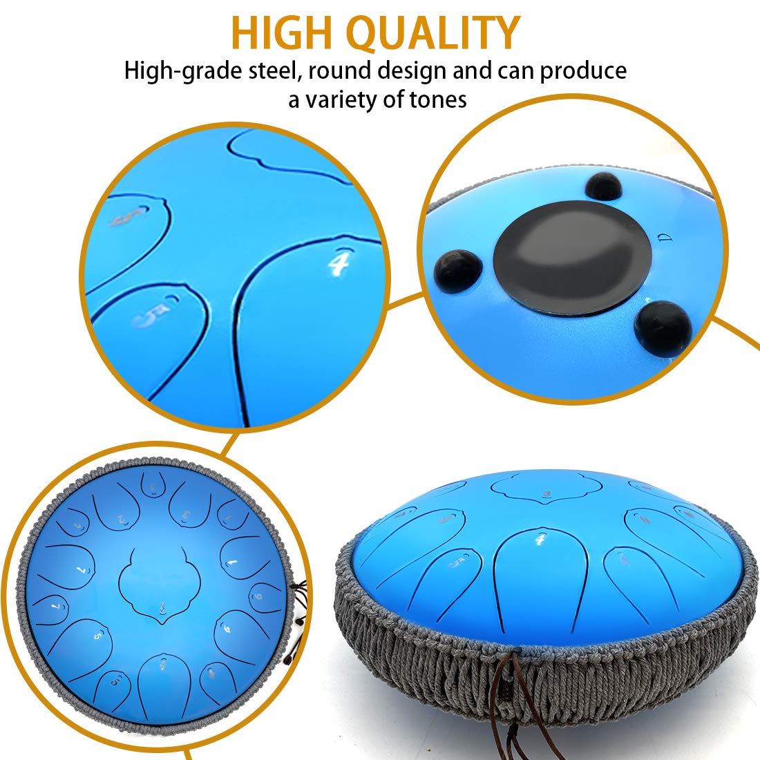 Steel Tongue Drum, 15 Notes 13 Inches Percussion Instrument D-Key Handpan Drum (Navy Blue)