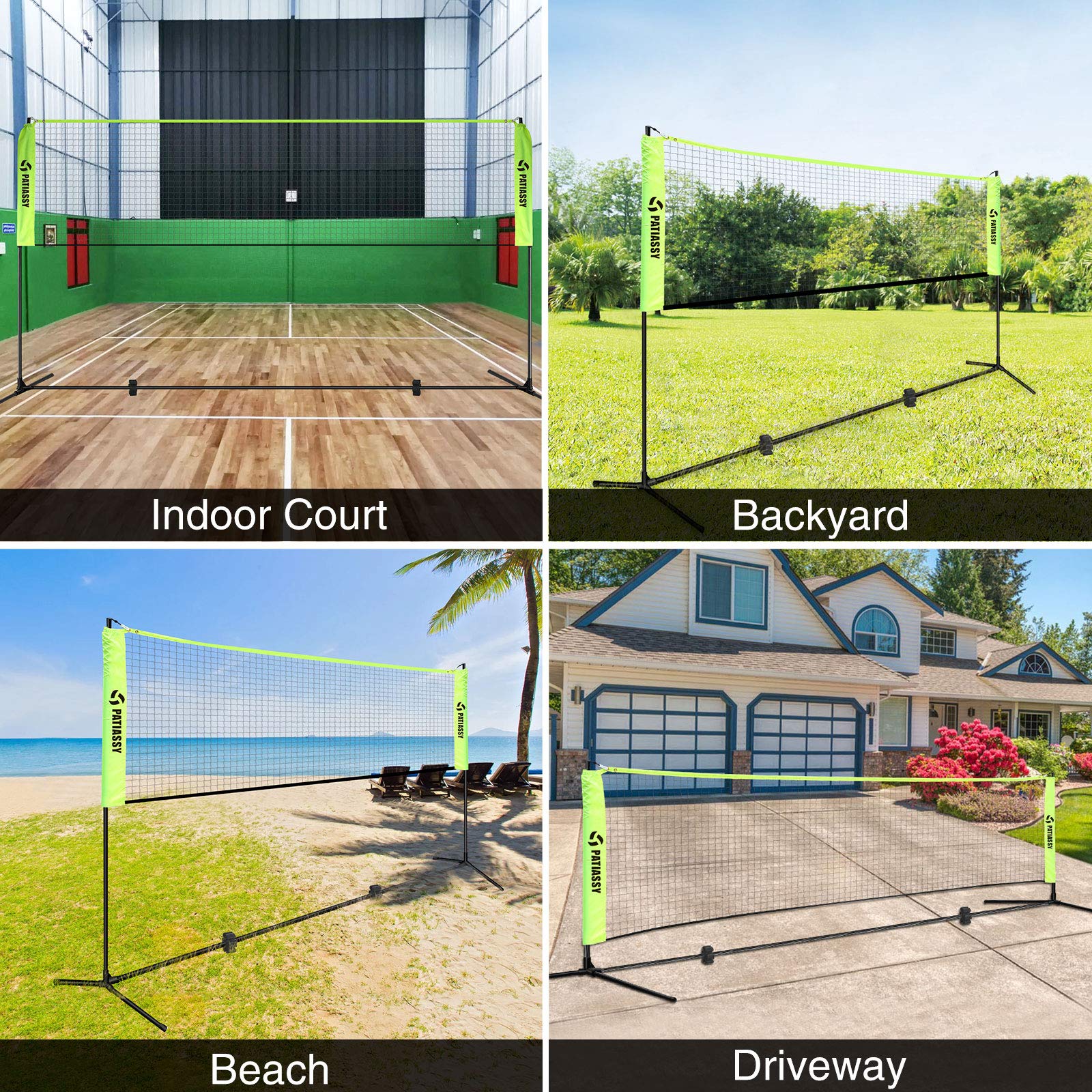 Patiassy 17ft Portable Volleyball Badminton Net Set - Indoor Outdoor Adjustable Height Net with Poles, 4 Shuttlecocks, 4 Pickleballs and 1 Volleyball for Backyards Beach