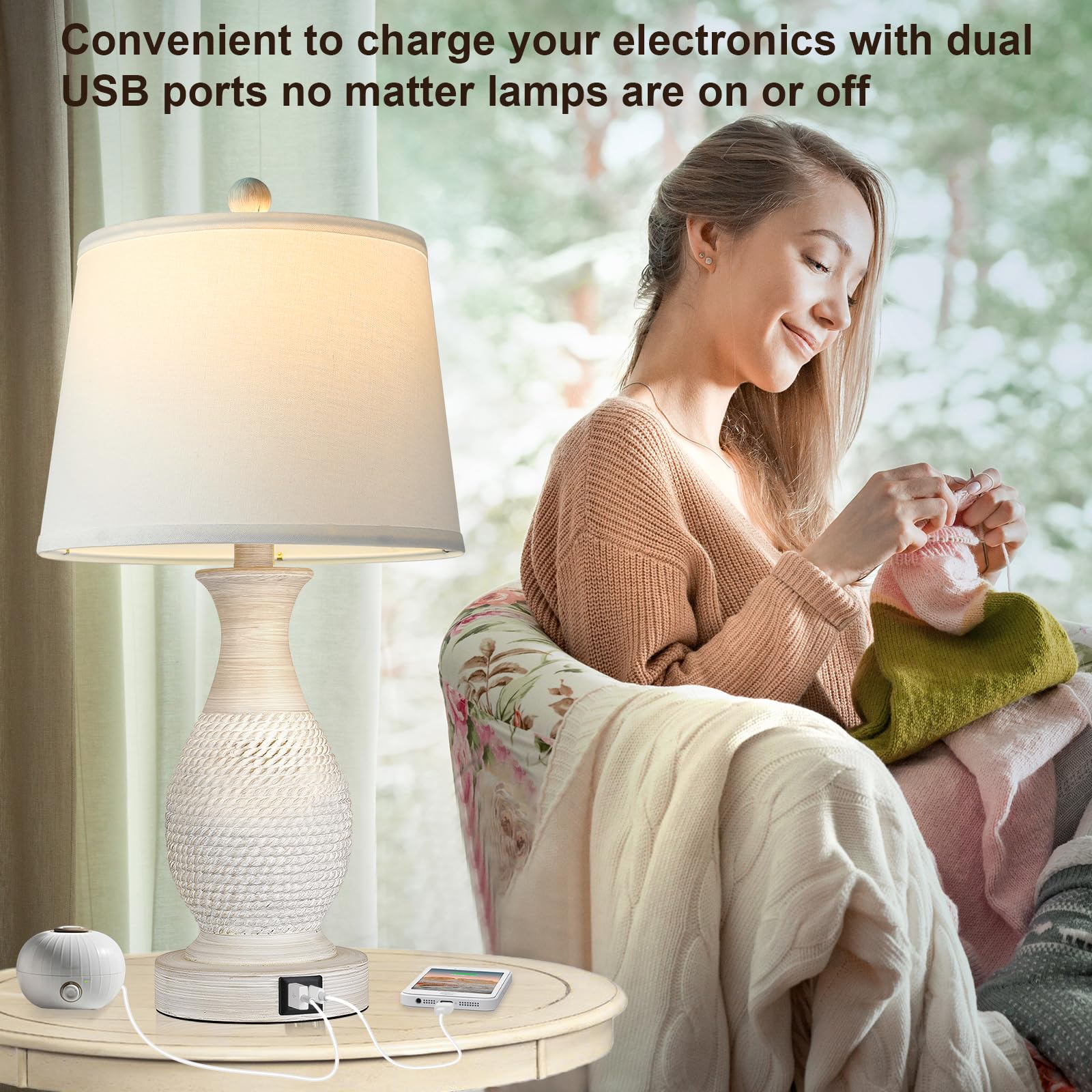 PARTPHONER 【Upgraded】 Table Lamps Set of 2, Bedside Touch Lamp with USB C+A Charging Ports, Side Table Lamp with White Fabric Shade (LED Bulbs Included)