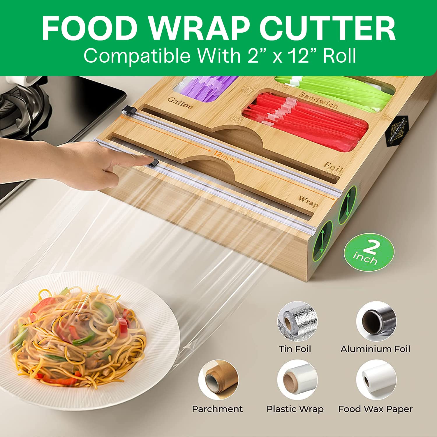 Seek&Perceive 6in1 Food Storage Bag Organizer, Baggie Organizer For Drawer-Foil and Plastic Wrap Organizer with Cutter-Bamboo Kitchen Organizers Compatible with Gallon,Quart,Snack,Sandwich and 12"Roll