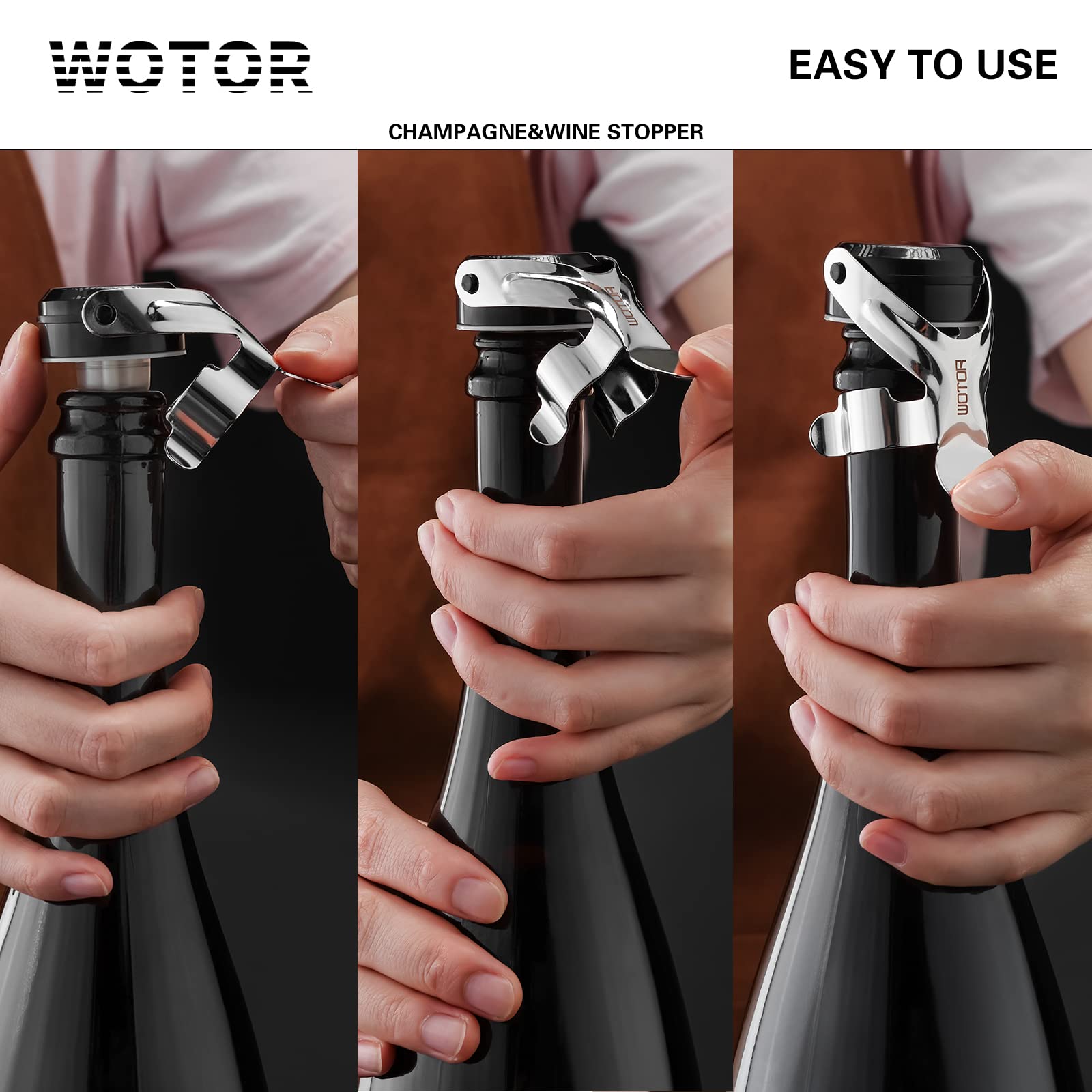 WOTOR Champagne&Wine Bottle Stoppers Stainless Steel with Food Grade Silicone, Leak Proof Keep Fresh Reusable Saver, Cork Suitable for Wine, Champagne, Cava, Prosecco and Sparkling (12 Pack Silver)