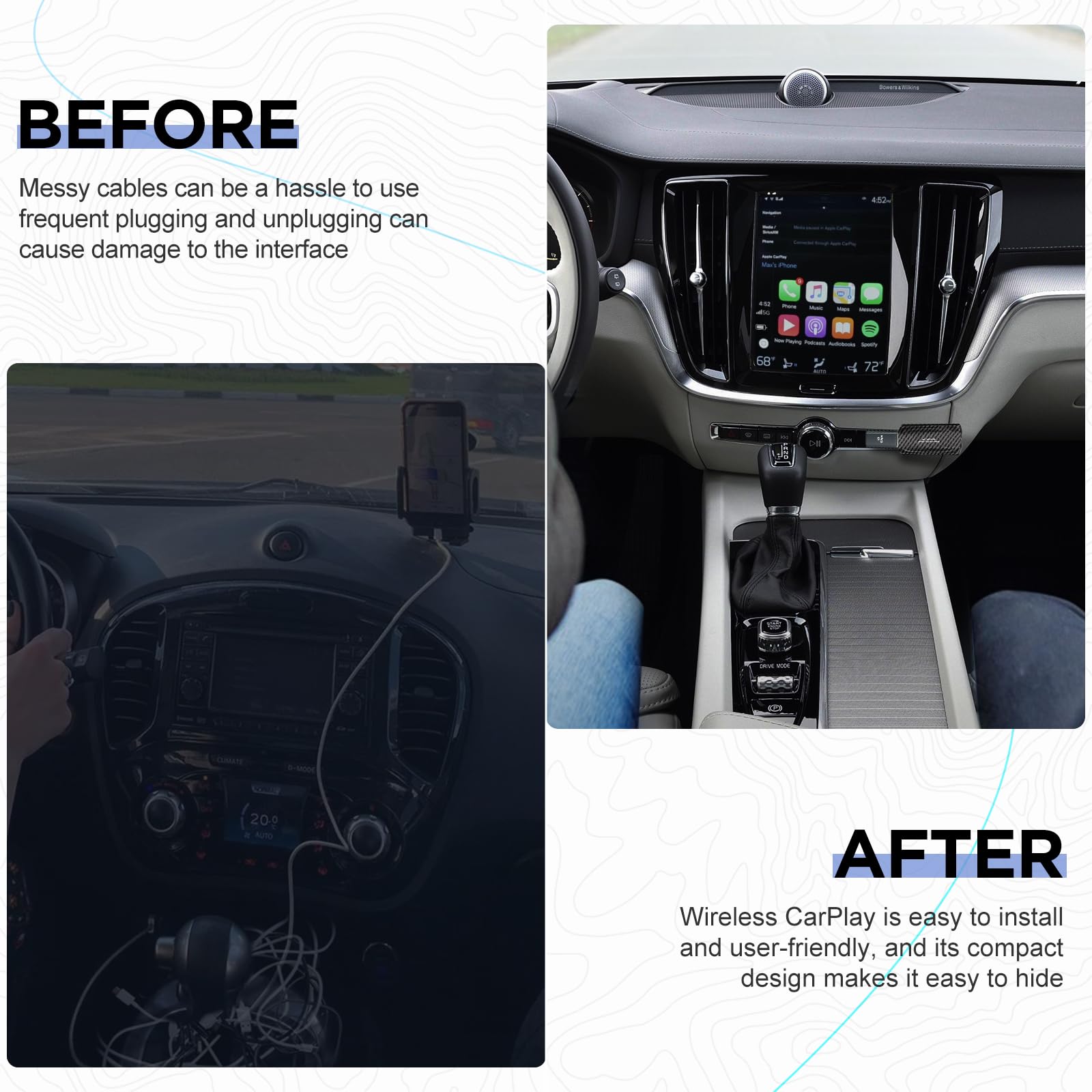 MSXTTLY Wireless CarPlay Adapter for Apple iPhone iOS 12+ U2C-AIR Small Car Play Dongle for OEM Wired CarPlay Car Model 2017+ USB C to A, USB A Extension Cable, 90 Degree USB Adapter, 3 Adapters