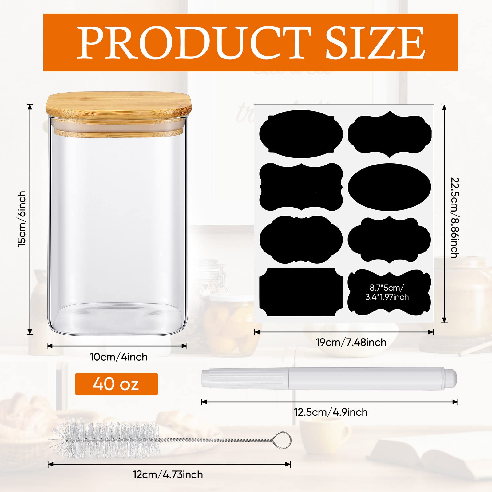 Roshtia Airtight Food Storage Containers with Bamboo Lids 6 Pieces 40 oz Glass Sugar Container 16 Labels 2 White Pens and 6 Brushes for Kitchen Seasoning Coffee Herb Spice Tea