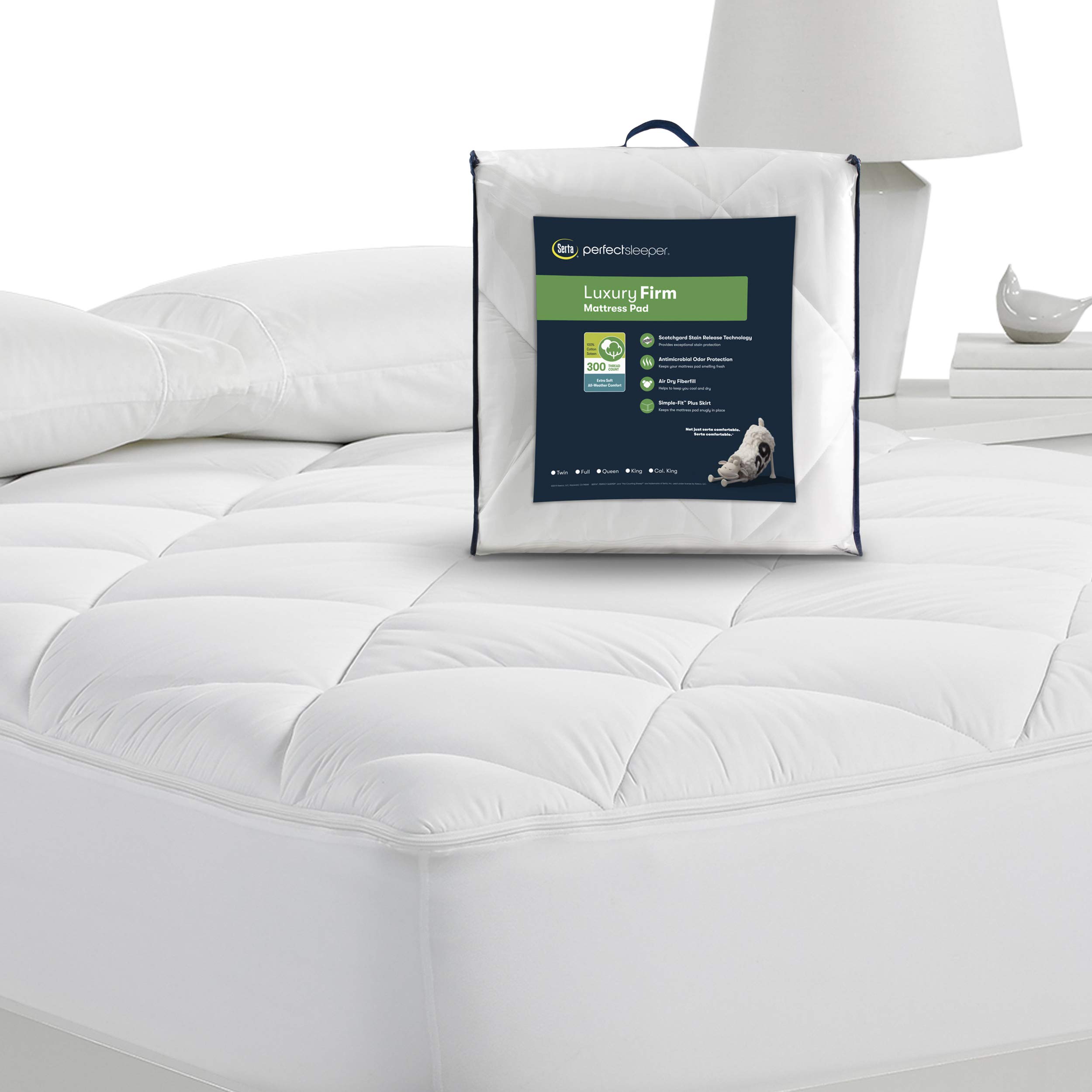Serta Luxury Firm Fiber Fill Cooling Fitted Mattress Pad Cover, Cal King, White
