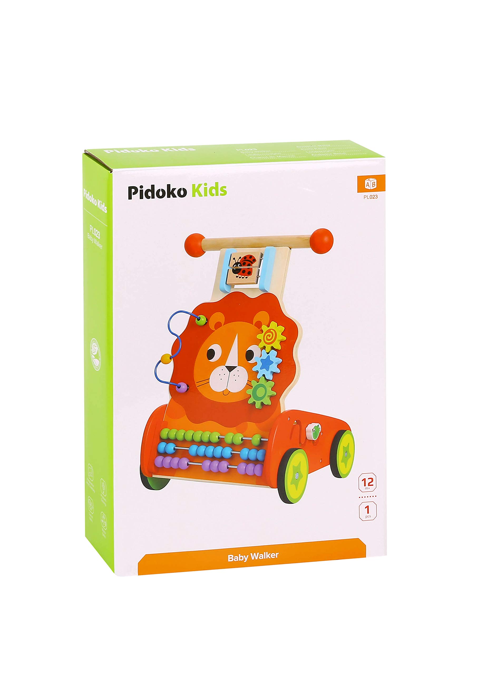 Pidoko Kids Lion Baby Walker Cart with Wheels - Wooden Activity Center Push and Pull Toy - for 1 Year Old and Up