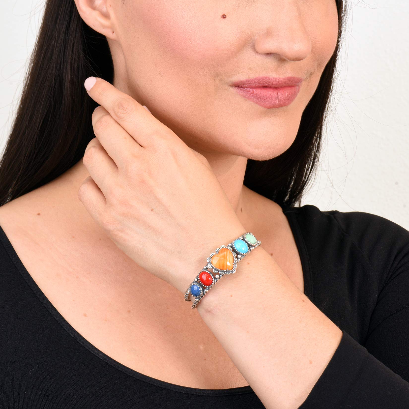 Sterling Multi-Color Gemstones and a Orange Spiny Heart 5-Stone Rope Cuff Bracelet Size L
