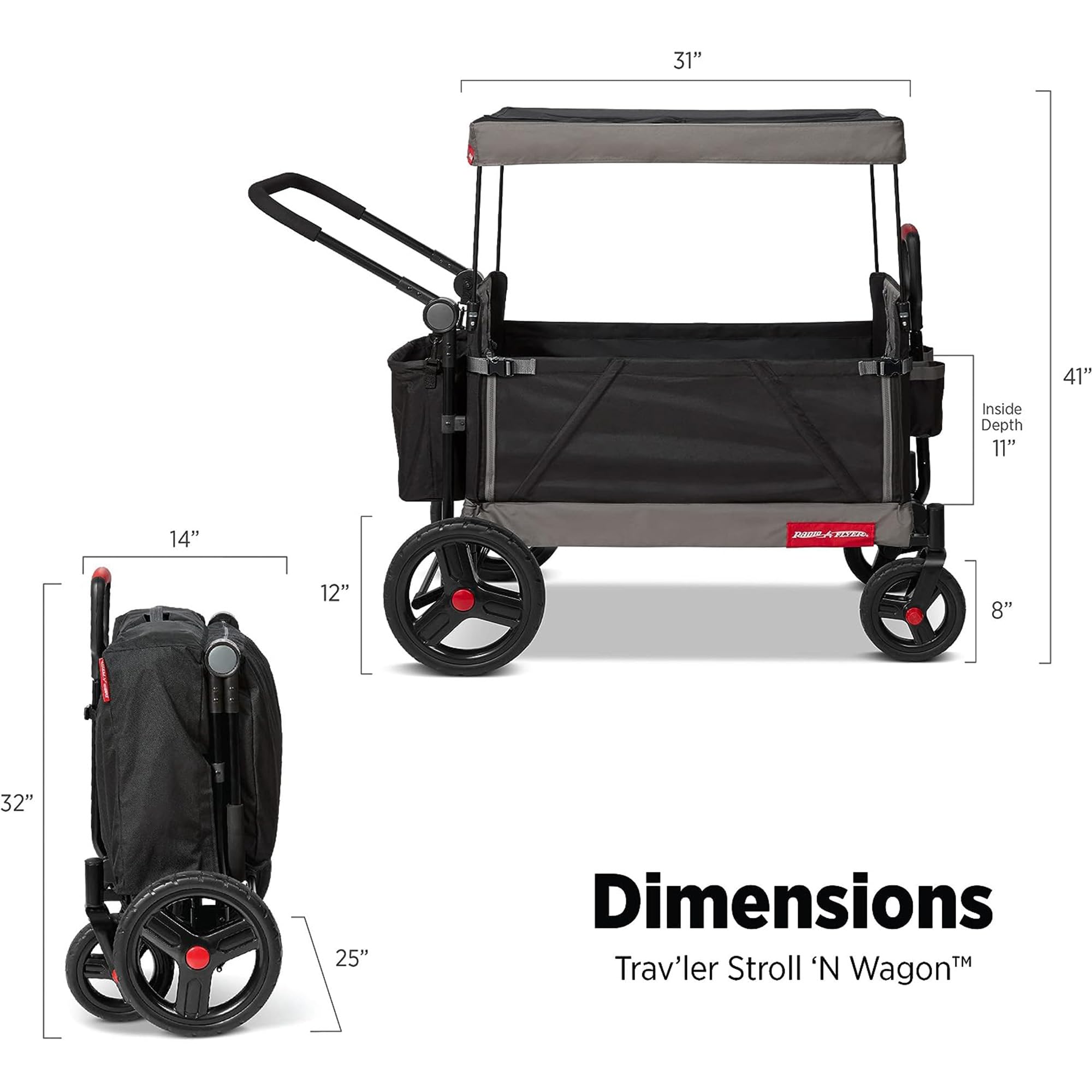 Radio Flyer Collapsible Folding Push and Pull Stroller Kids Wagon with Protective Canopy Cover and Travel Case for Ages 1 and Up, Black