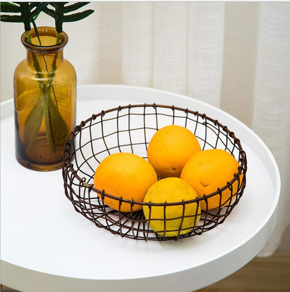 Vintage Handmade Woven Wrought Iron Mesh Fruit Basket Bowl Creative Bronze Snack Plate Tray Holder Stand Round Serving Storage Container (Small(1pc))